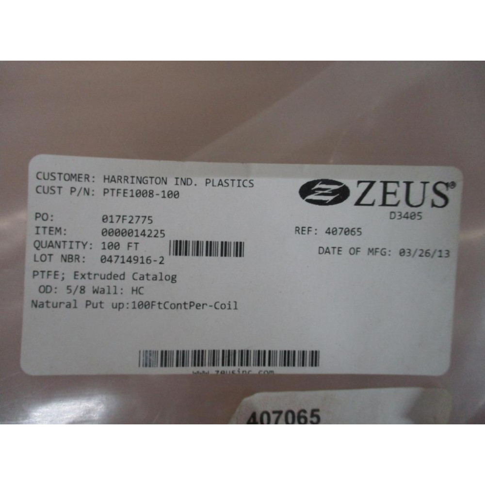 Zeus PTFE1008-100 Harrington Tubing PTFE1008100 100' Feet