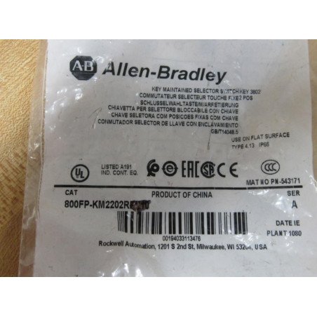 Allen Bradley 800FP-KM2202R 2-Pos Keyed Selector Switch 800FPKM2202R