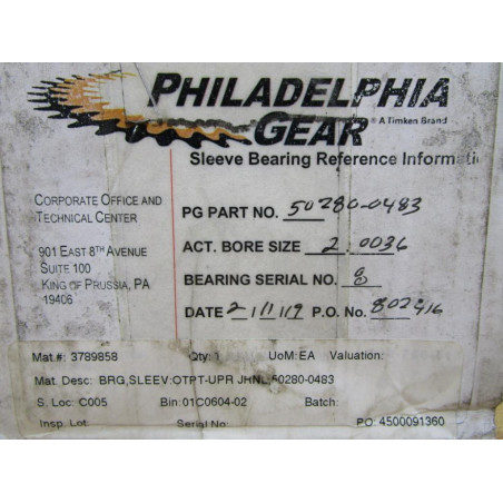 Philadelphia Gear 50280-0483 Bearing Sleeve 502800483