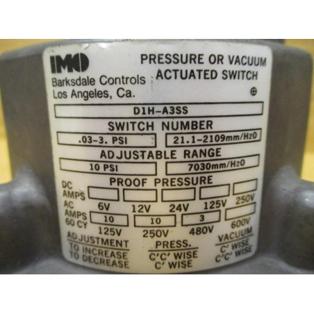 IMO Barksdale D1H-A3SS Pressure or Vacuum Actuated Switch D1HA3SS - Used