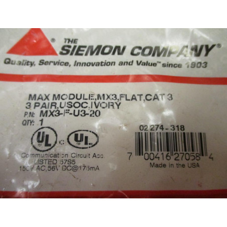 Siemon Company MX3-F-U3-20 Max Module Voice Jack Insert MX3FU320 (Pack ...