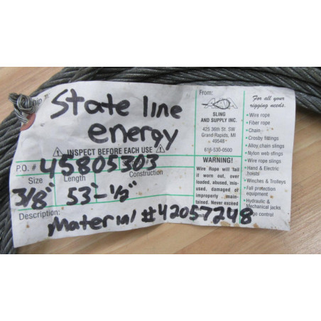 AAA Sling And Supply 42057248 Steel Cable Assembly 53' - New No Box