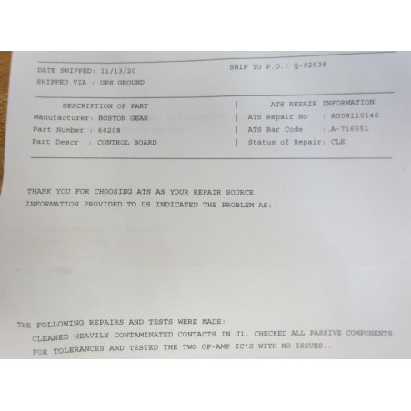 Boston Gear 60208 Control Board ATS Repair No: RU08110140 - Refurbished