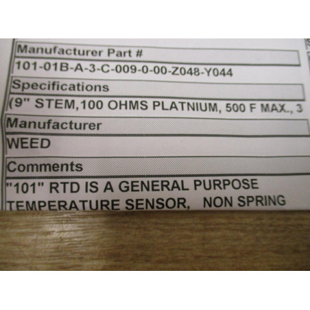 Weed Instrument 101-01B-A-3-C-009.0-00-Z048-Y044 Temperature Sensor ...