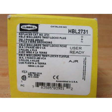 Hubbell HBL2731 Insulgrip Twist-Lock Plug