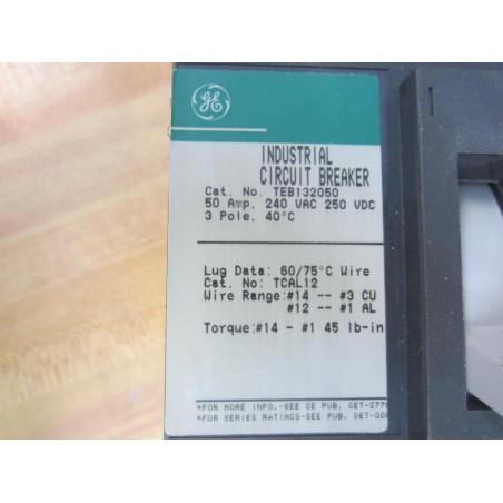 General Electric TEB132050 GE 50A Industrial Circuit Breaker - Used
