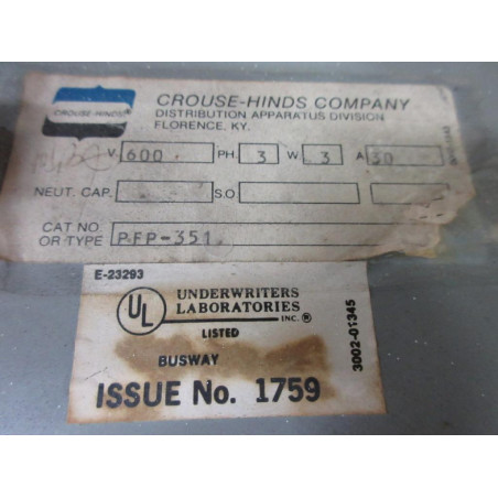 Crouse - Hinds PFP-351 Busway Plug PFP351 - Used