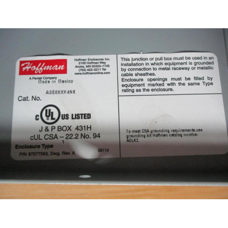 Hoffman ASE6X6X4NK SCR CVR Pull Box - New No Box